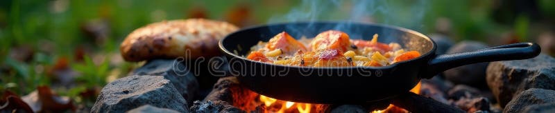 Campfire Cooking Setup with Cast Iron Skillet and Foil Packets , Embers ...
