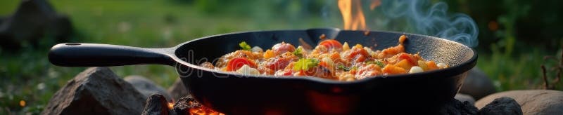 Campfire Cooking Setup with Cast Iron Skillet and Foil Packets , Rustic ...