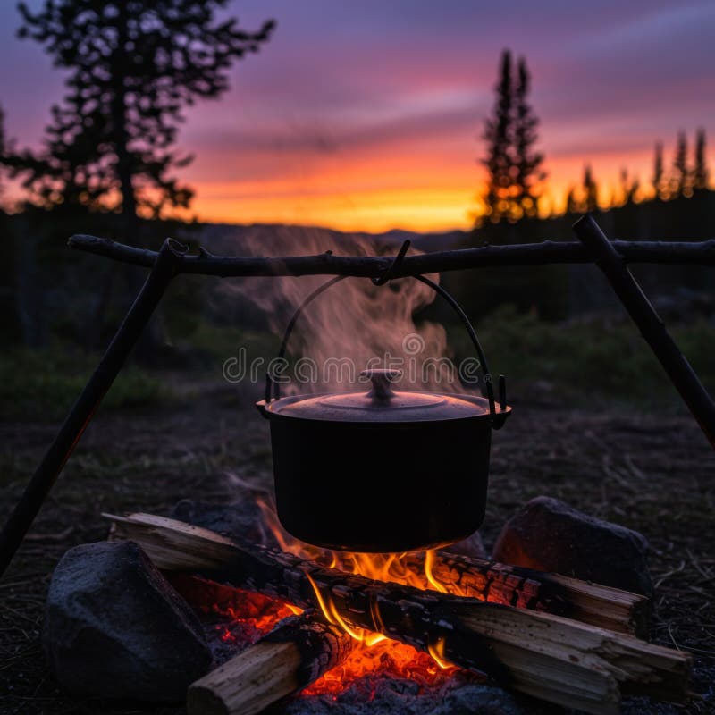 Campfire Cooking at Sunset: a Pot Simmers Over an Open Fire in a Wilderness Setting Stock ...