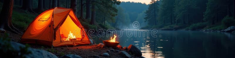 Campfire Crackles, Illuminating Cozy River Tent, Reflection, Fire Stock ...