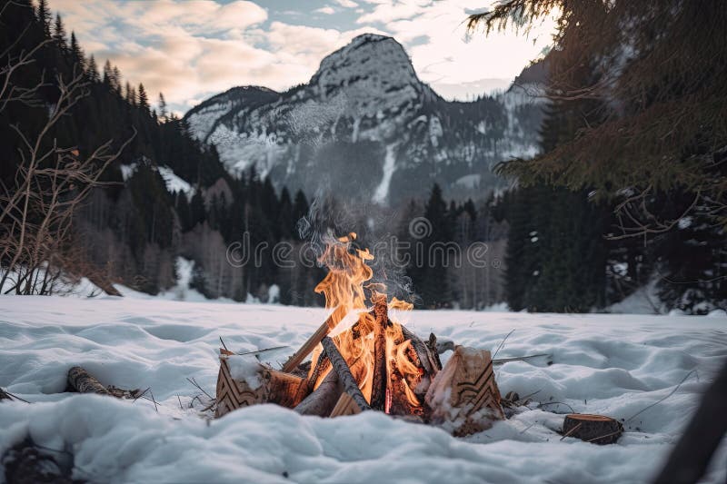 Campfire with Crackling Flames in Snowy Forest, Against the Backdrop of ...
