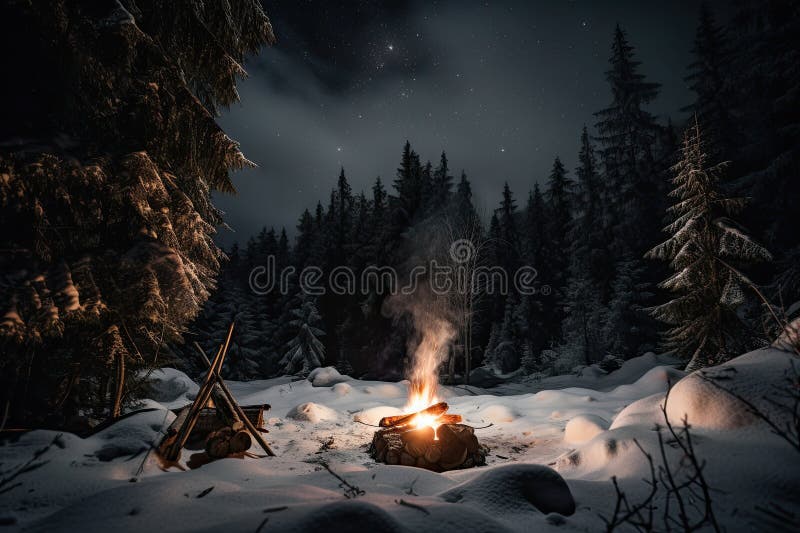 Campfire Crackling in the Snow-covered Forest, with a View of the Night ...