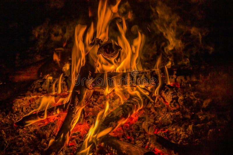 A campfire at the dark stock image. Image of night, yellow - 250766583