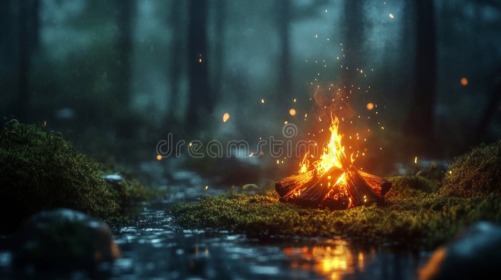 Campfire in Dark Forest at Night Stock Illustration - Illustration of ...