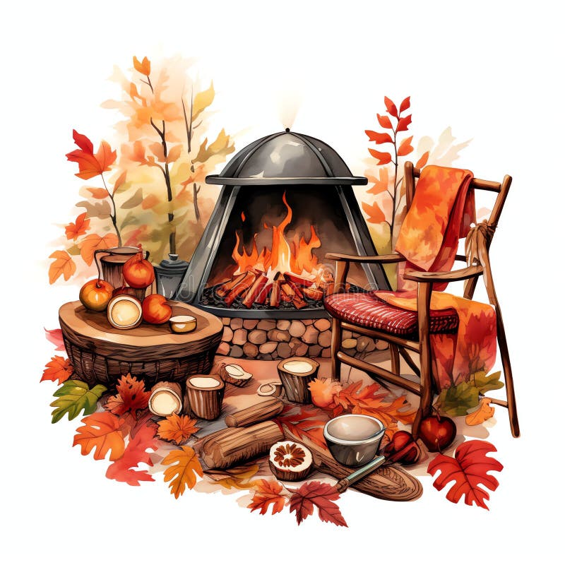 Campfire Delights Autumn Fall Watercolor Illustration Stock ...