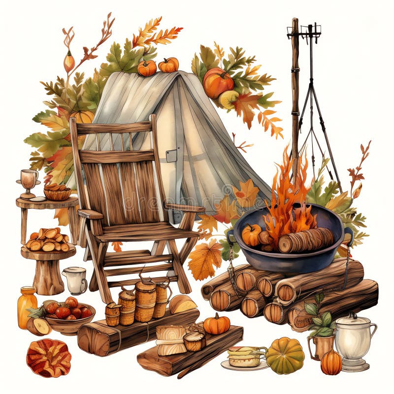 Campfire Delights Autumn Fall Watercolor Illustration Stock ...