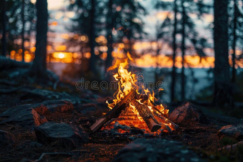 A Campfire in a Dense Forest, Surrounded by Trees Stock Photo - Image ...