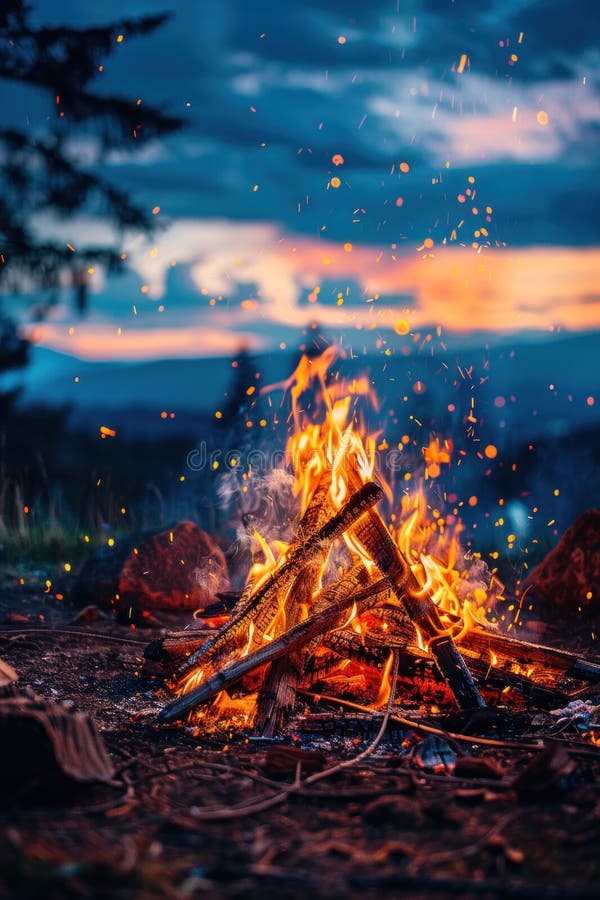 A Campfire in the Desert with Bright Yellow and Red Flames Burning ...