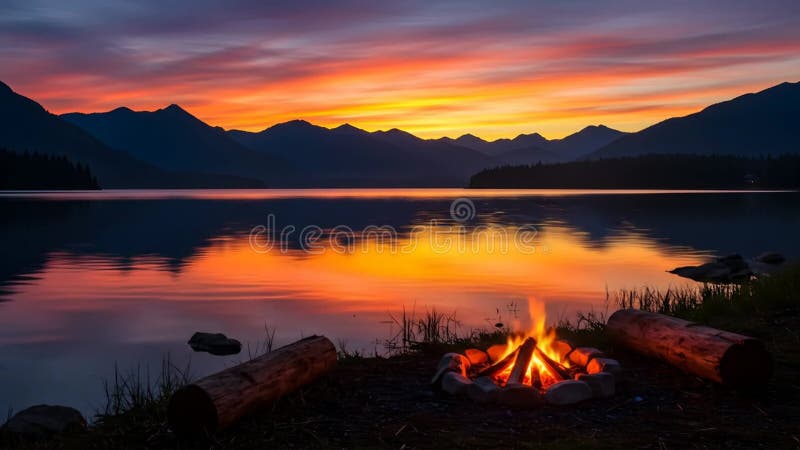 Campfire at Dusk: Serene Lakeside Scene with Mountains and Vibrant ...
