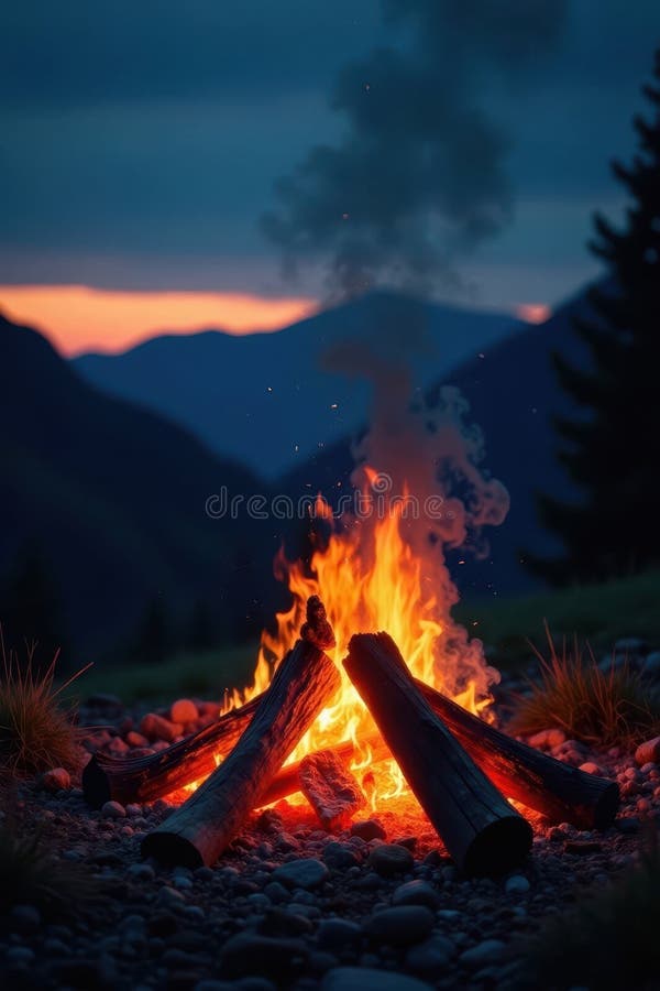 Campfire Embers Glowing in Twilight, Smoke Rising Against Dark Sky ...