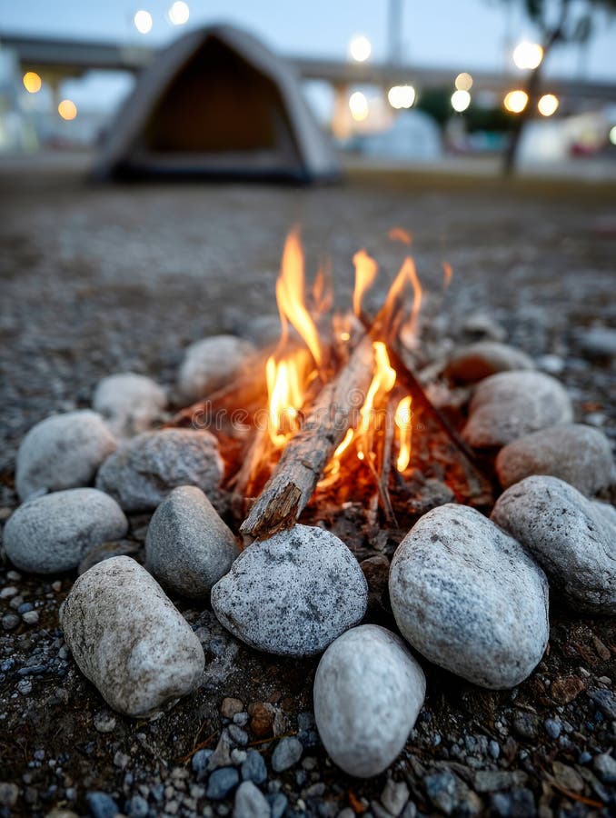 Campfire Encircled by Rocks with a Tent in the Background. Stock Photo ...