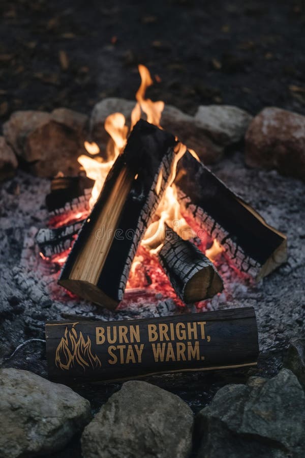 Campfire with Engraved Log in Rustic Outdoor Setting at Night Stock ...