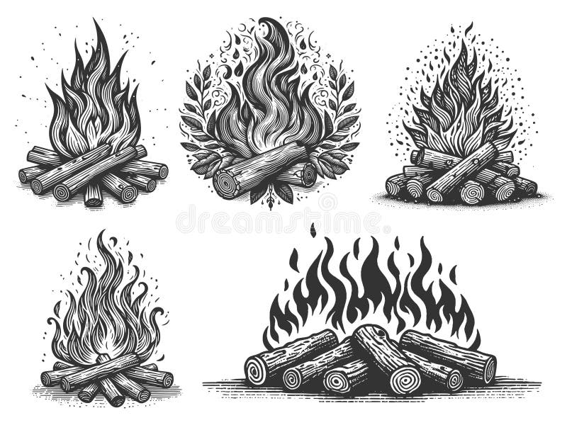 Campfire Engraving Set Vector Collection Stock Illustration ...