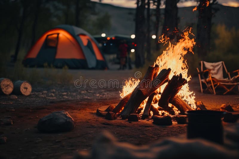 Campfire Evening Fire in Nature in a Tent, Active Rest Generative AI ...