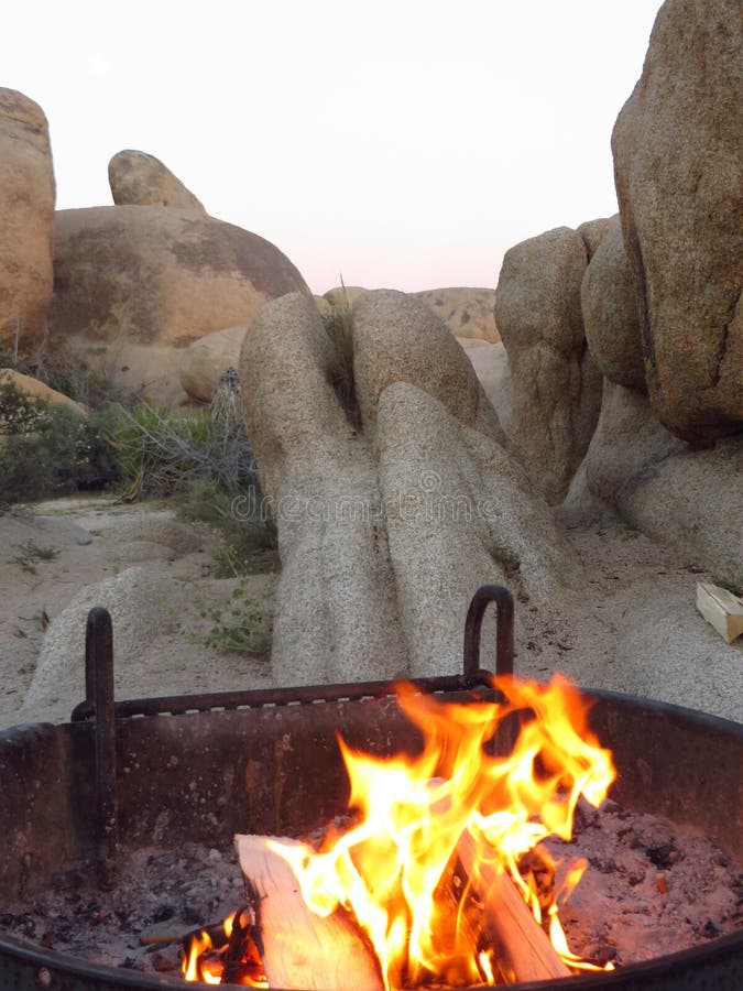 Campfire in Fire Pit at Campground in the California Desert Stock Image ...
