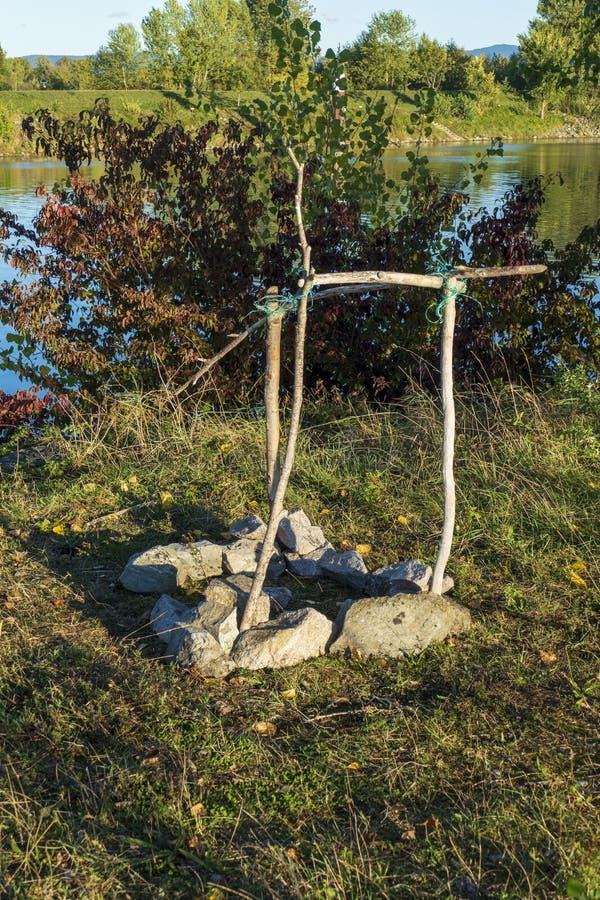 Campfire, Fireplace with Frame of Branches and Stones Stock Image ...