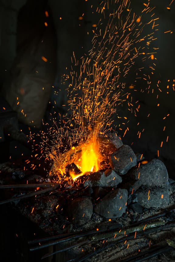 At the Campfire - Fireplace with Logs, Fire and Flame Stock Image ...