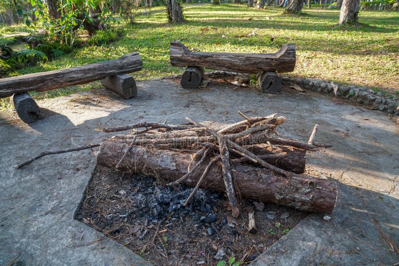 Campfire of Firewood with Bench for Warmth in Winter Stock Image ...