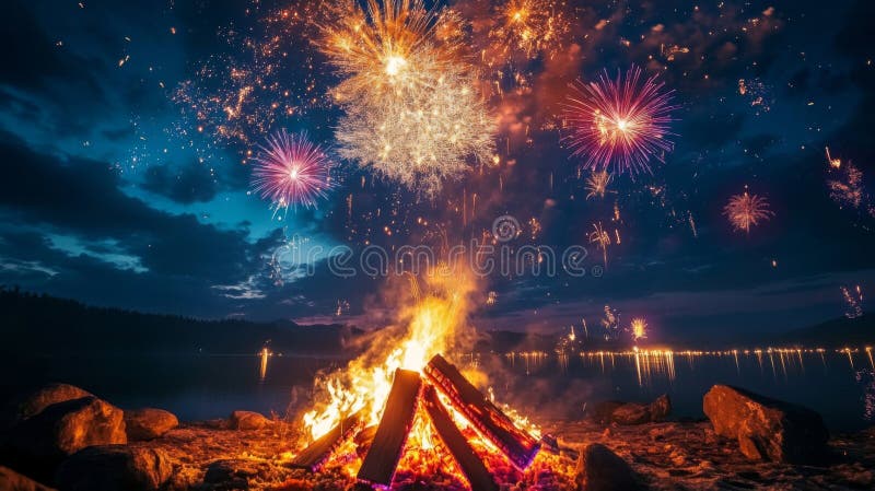 Campfire and Fireworks Display Over a Lake at Night Stock Illustration ...
