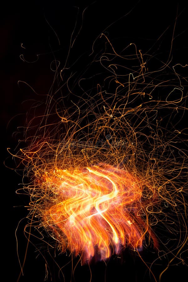 Campfire Flame Sparks Long Exposure Isolated on Black Background. Fire ...