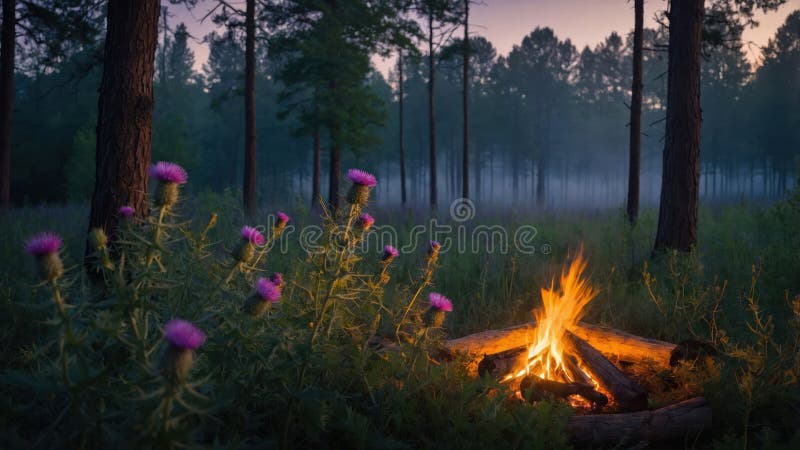 Evening Campfire in Misty Pine Forest with Thistle Flowers Stock ...
