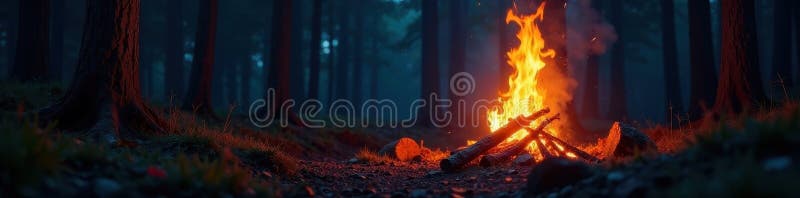 Campfire Flames Illuminate Dark Forest at Night, Ember, Wildlife Stock Illustration ...