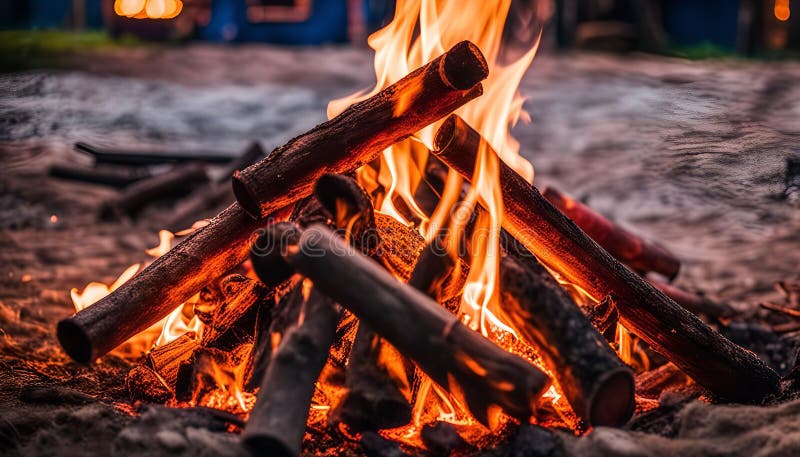 Campfire with Flames and Logs in the Ground Stock Illustration ...