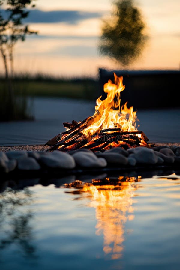 Campfire Flames Reflecting in Tranquil Lake during Sunset Stock Image ...