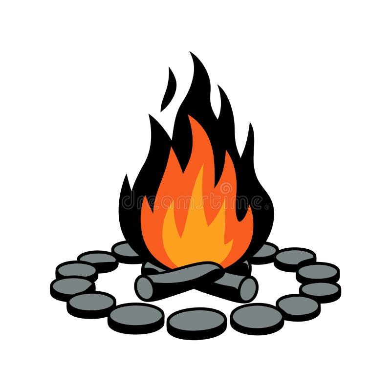 Campfire Flames with Stone Circle Vector Illustration for Outdoor and ...