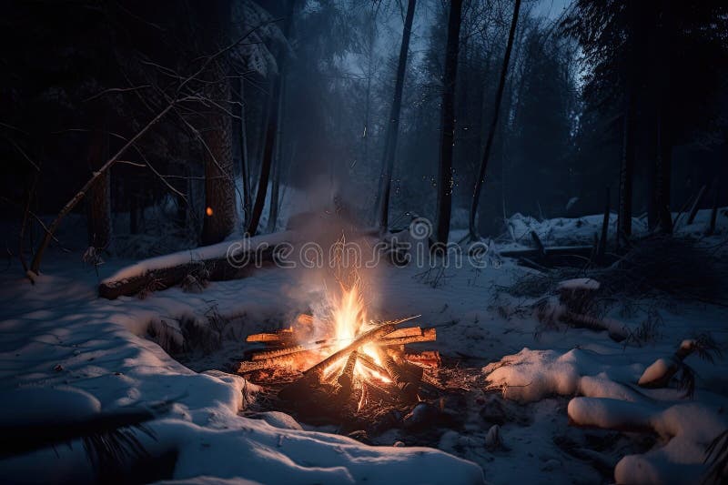 Campfire, with Flickering Flames and Smoke, in Snowy Forest at Night ... Campfire, with Flickering Flames and Smoke, in Snowy Forest at Night ...