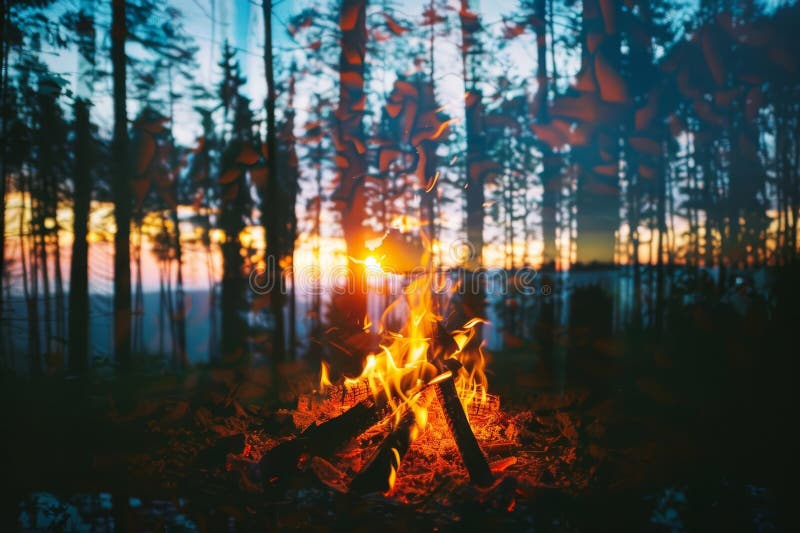 Campfire in Forest Close Up Focus on Copy Space Bright Hues Double ...