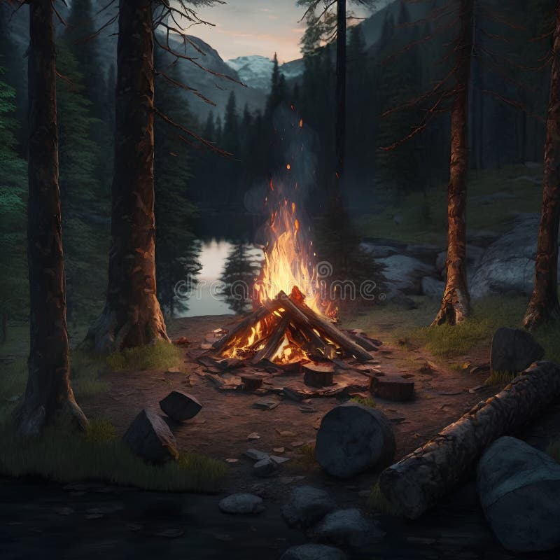 Campfire in the Forest at Sunset, 3d Render Illustration. Stock ...