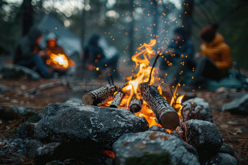 Campfire in Forest at Sunset with Group of Friends Enjoying Evening ...