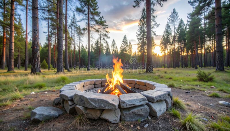 Campfire in Forest at Sunset: Stone Ring, Flames, Trees Stock ...