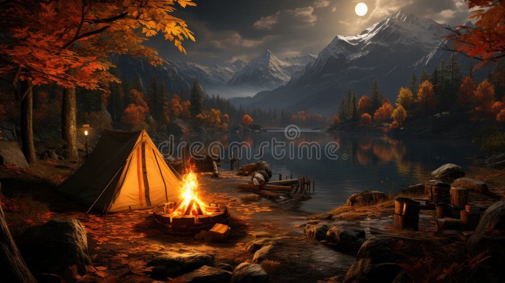 A Campfire in Front of a Lake with Mountains in the Background. Stock ...
