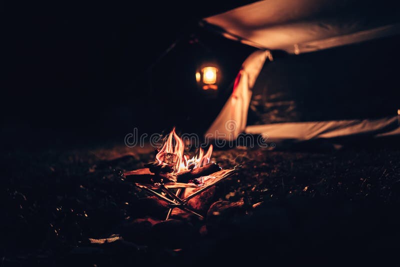 Campfire in Front of Tent at Night. Camping Concept Stock Image - Image ...