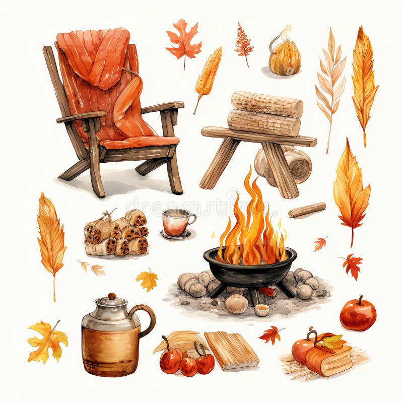 Campfire Gathering Autumn Fall Watercolor Illustration Stock ...