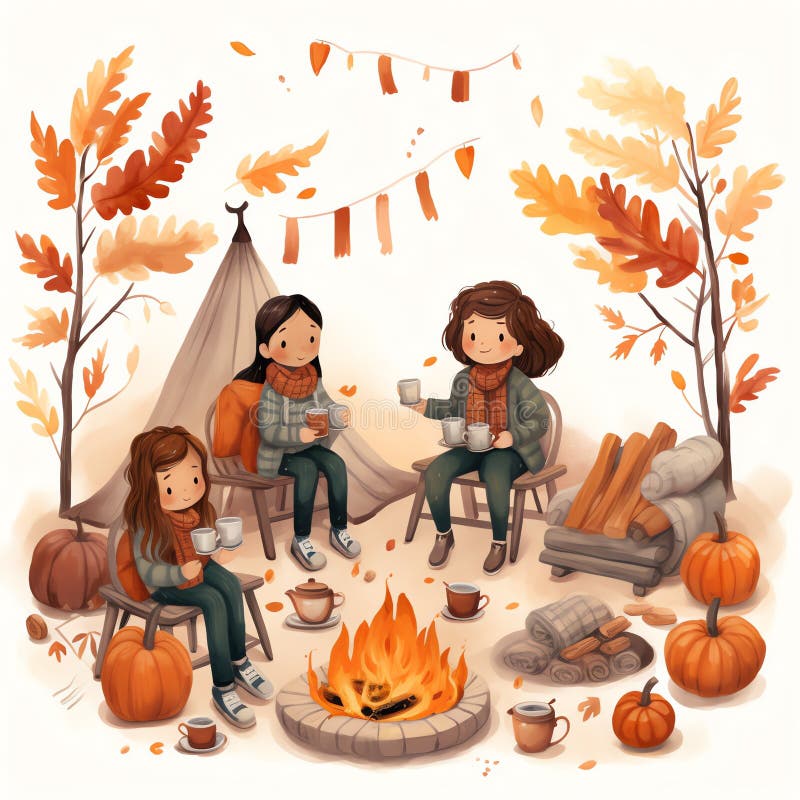 Campfire Gathering Autumn Fall Watercolor Illustration Stock ...