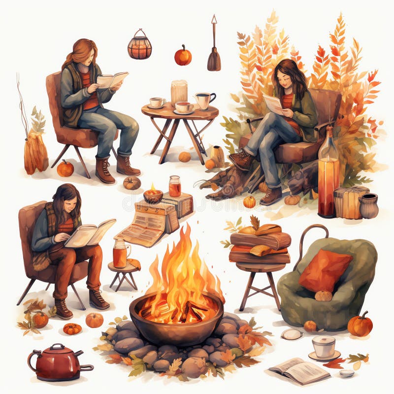 Campfire Gathering Autumn Fall Watercolor Illustration Stock ...