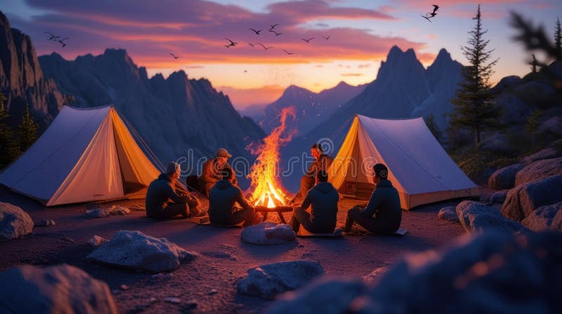 Campfire Gathering Mountainous Sunset Landscape Stock Photos - Free ...