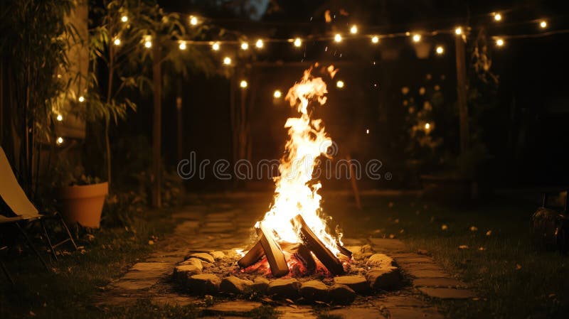 Campfire Glow in Backyard with String Lights, Cozy Atmosphere Stock ...