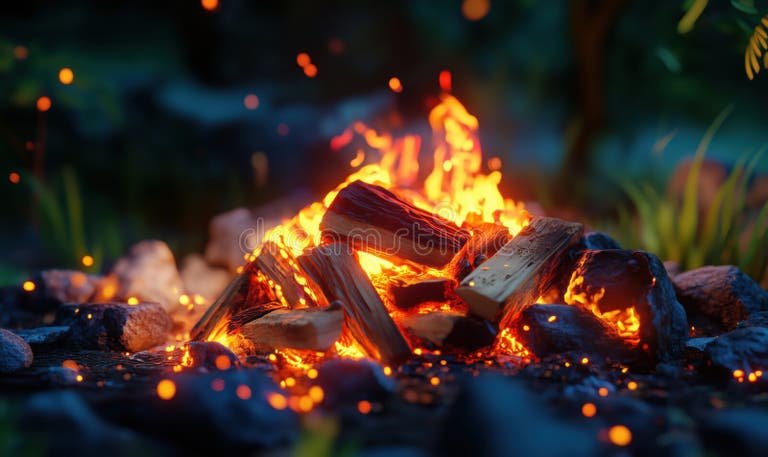 Campfire with Glowing Embers and Flames Surrounded by Rocks and ...