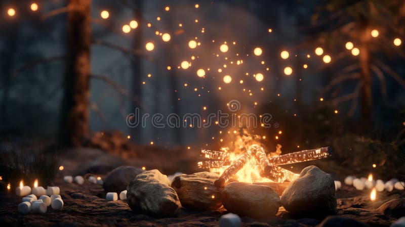 Campfire with Glowing Embers Surrounded by Rocks, Set in a Forest with ...