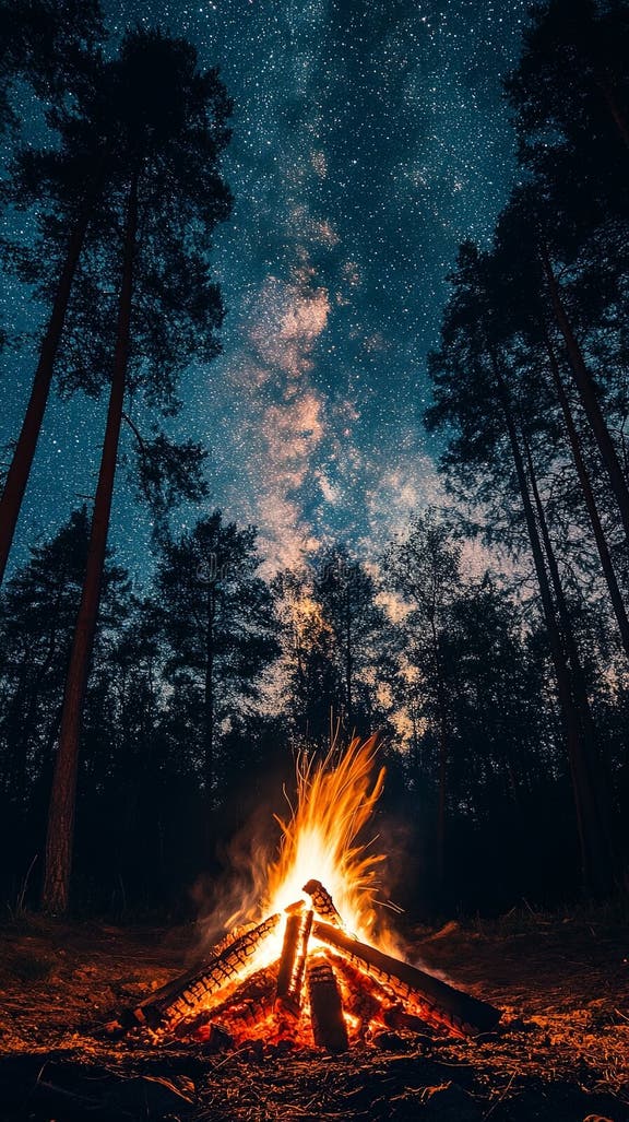 Campfire Glowing Under Starry Forest Night. Stock Photo - Image of ...