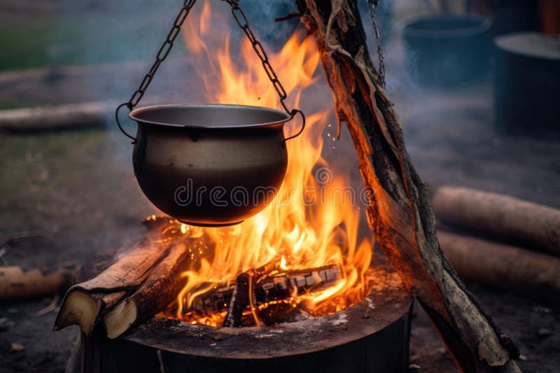 Campfire with Gumbo Pot Hanging Over the Flames Stock Illustration ...