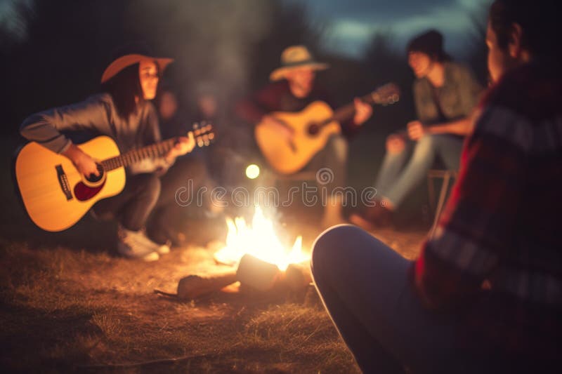 Campfire Jam Session: Friends Playing Guitar and Singing by the Fire ...