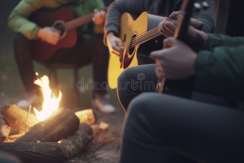 Campfire Jam Session: Friends Playing Guitar and Singing by the Fire ...