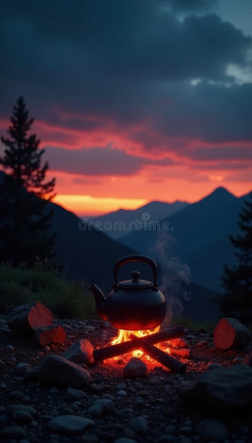 Campfire Kettle Silhouette Dramatic Sky Backdrop Nature Fire Mystical ...