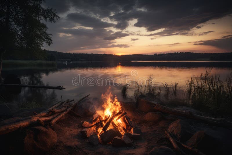 Campfire Lake Sunset. Generate Ai Stock Illustration - Illustration of ...