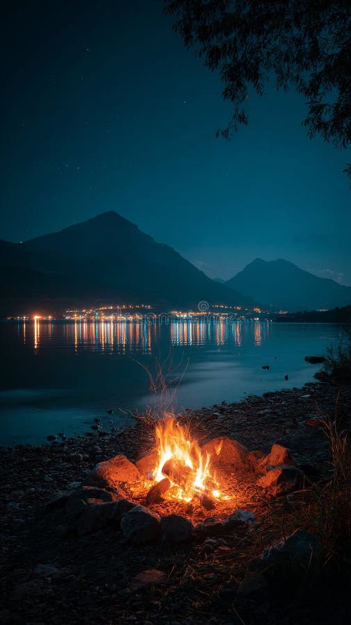 Campfire by the Lake Under the Night Sky with Mountains in the ...
